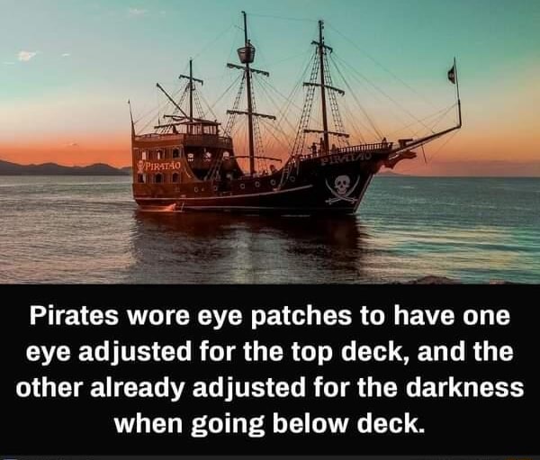 Pirates wore eye patches to have one eye adjusted for the top deck, and ...