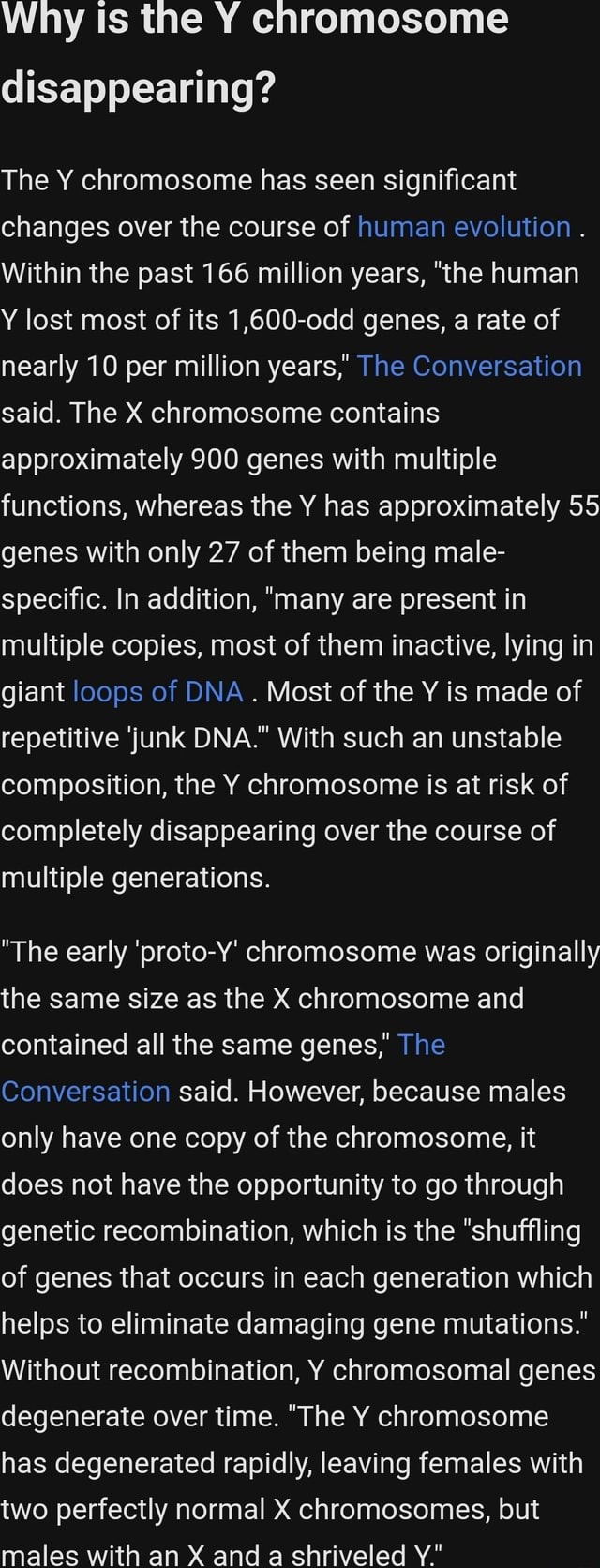 Why Is the Y chromosome disappearing? The Y chromosome has seen ...