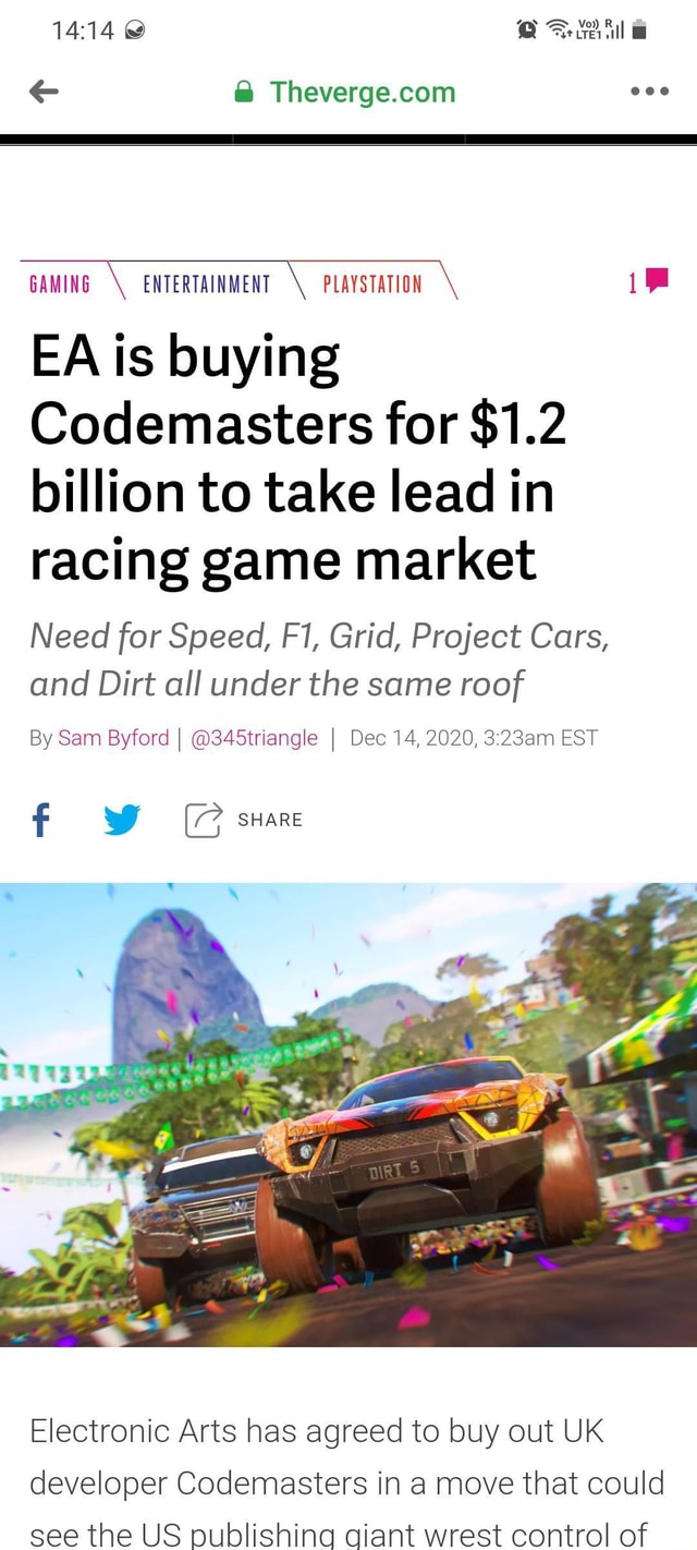 Wile GAMING ENTERTAINMENT PLAYSTATION EA is buying Codemasters for $1.2 ...