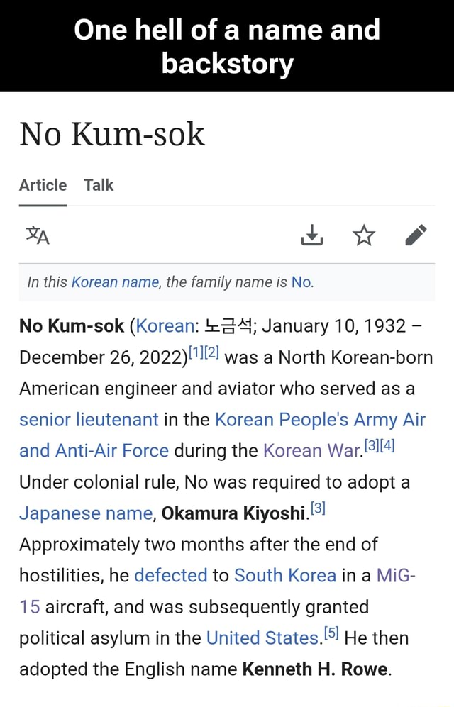 One hell of a name and backstory No Kum-sok Article Talk we In this ...