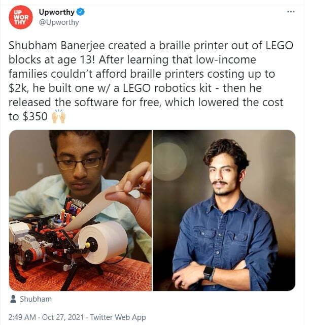 Shubham Banerjee created a braille printer out of LEGO blocks at age 13 ...