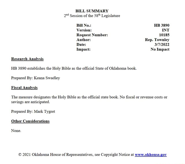 BILL SUMMARY Session of the 58* Legislature Bill No.: HB 3890 Version ...