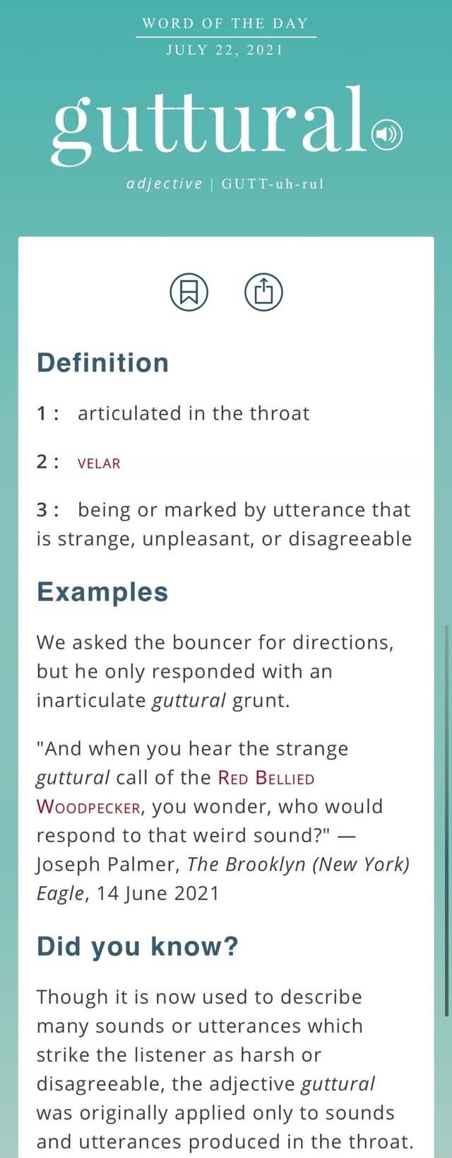 WORD OF THE DAY JULY 22, 2021 Sutturale adjective I GUTT-uh-rul ...