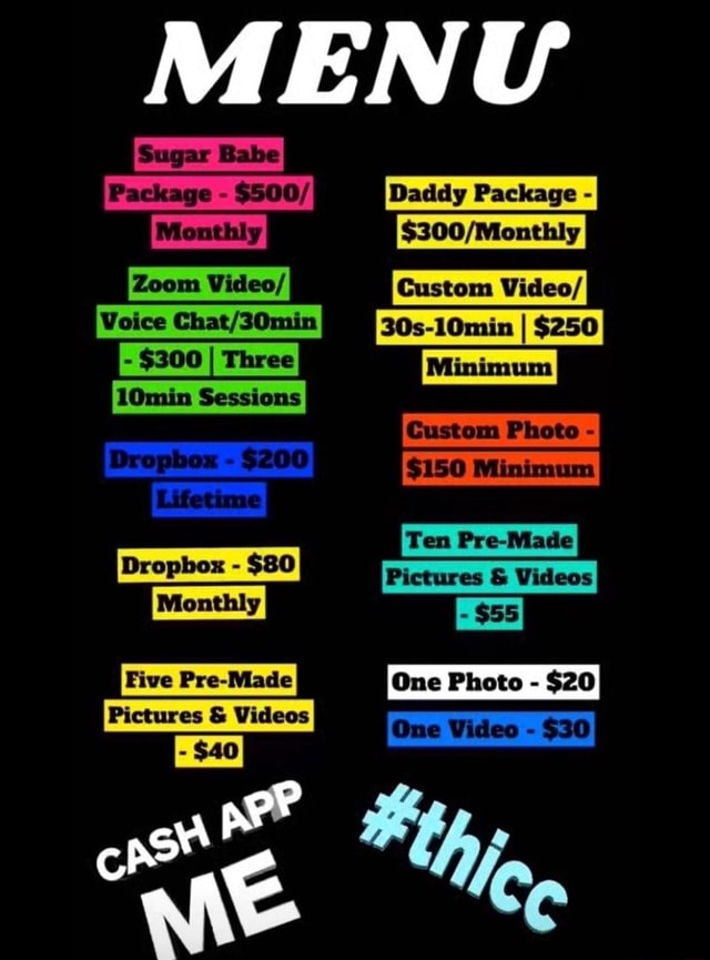 Daddy Package - MENU $500/ Sugar Babe Package Custom Video/ Zoom Video ...