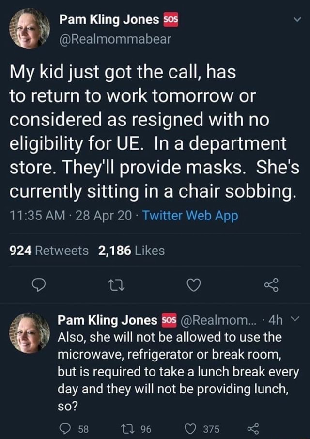 My kid just got the call, has to return to work tomorrow or considered ...