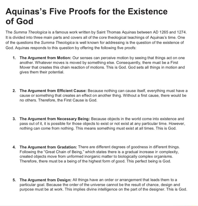 Aquinas's Five Proofs for the Existence of God The Summa Theologica is ...