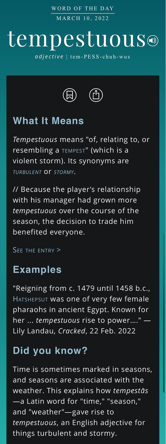 WORD OF THE DAY MARCH 10, 2022 tempestuouse adjective I tem-PESS-chuh ...