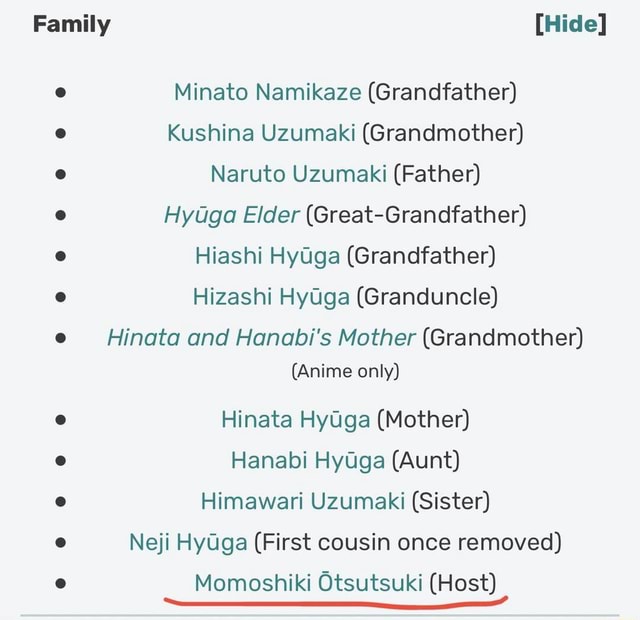 Family [Hide] Minato Namikaze (Grandfather) Kushina Uzumaki ...