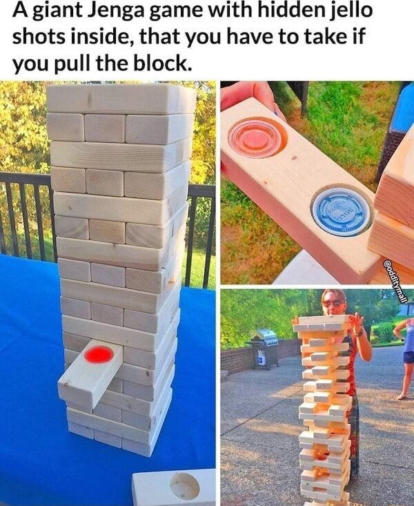 A giant Jenga game with hidden jello shots inside, that you have to ...
