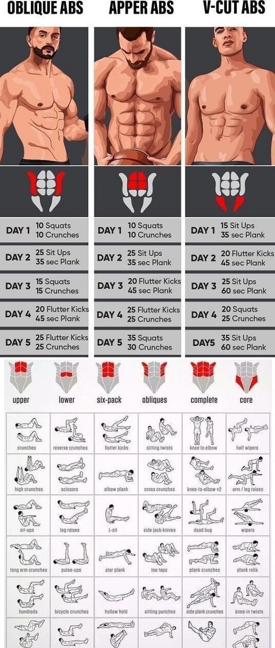 OBLIQUE ABS 10 Squats DAY 10 Crunches 25 Sit Ups DAY 2 35 sec Plank ...