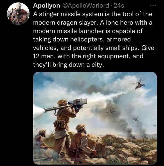 Apollyon @ApolloWarlord A stinger missile system is the tool of the ...