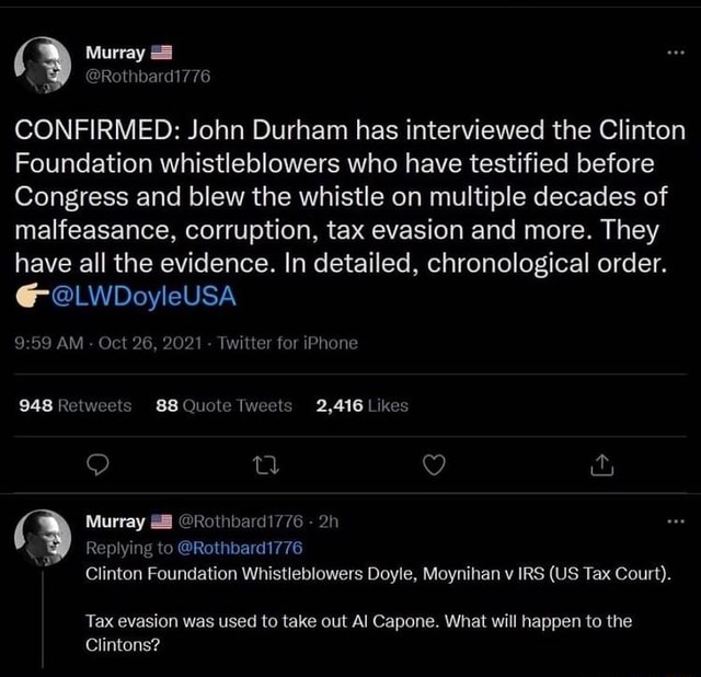 Murray CONFIRMED: John Durham has interviewed the Clinton Foundation ...