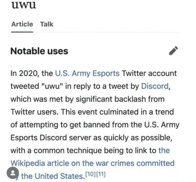 Uwu Article Talk Notable uses In 2020, the U.S. Army Esports Twitter ...