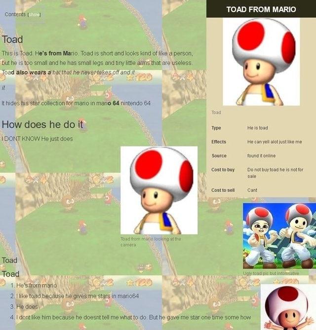 Contents 1 Toad This Toad He's from Mario. Toad 'buthe is too small and ...