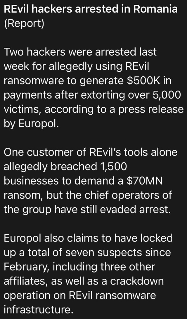 REvil hackers arrested in Romania (Report) Two hackers were arrested ...