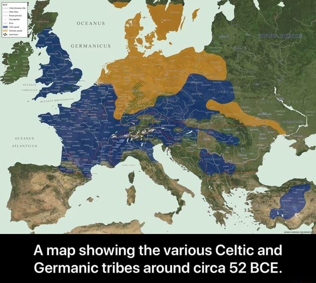 A map showing the various Celtic and Germanic tribes around circa 52 ...