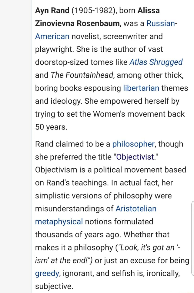 Ayn Rand (1905-1982), born Alissa Zinovievna Rosenbaum, was a Russian ...