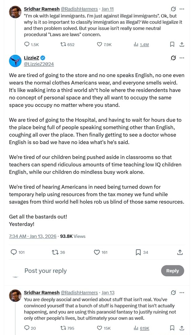 'Svidhar Ramesh @RadishHarmers Jan "I'm ok with legal immigrants. I'm ...