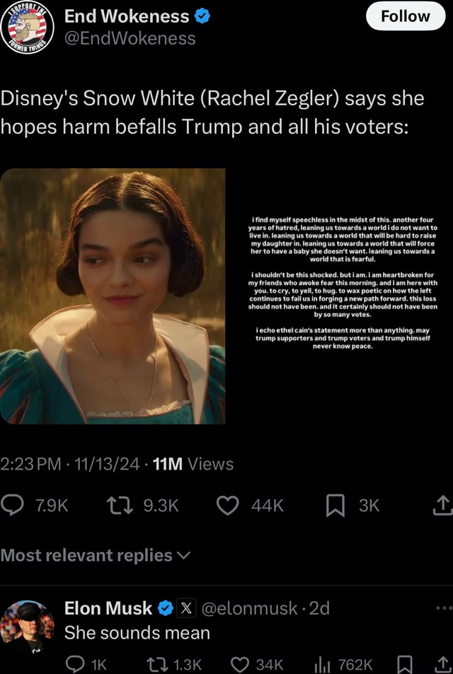 End Wokeness Follow Disney's Snow White (Rachel Zegler) says she hopes ...