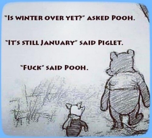 "IS WINTER OVER YET?" ASKED POOH. "IT'S STILL JANUARY" SAID PIGLET ...