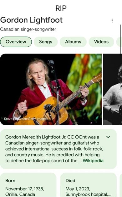 RIP Gordon Lightfoot Canadian singer-songwriter Overview Songs Albums ...