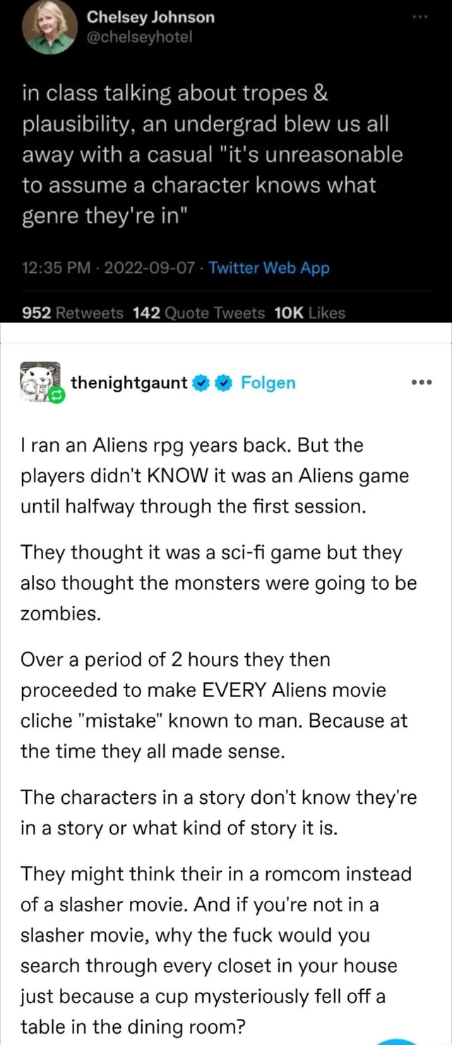 Chelsey Johnson in class talking about tropes & plausibility, an undergrad blew us all away with ...