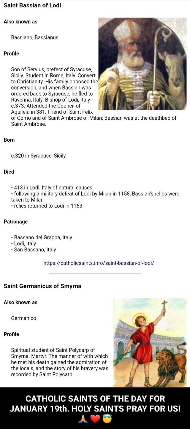 Saint Bassian of Lodi Also known as Bassiano, Bassianus Profile Son of ...