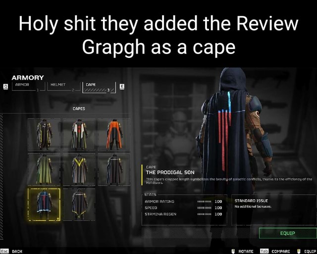 Holy shit they added the Review Grapgh as a cape ARMORY ARMOR HELMET I ...
