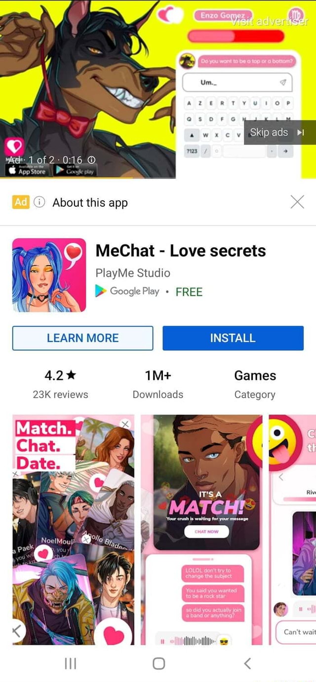 Visit Um._ esoroy aw c v ms About this app x MeChat - Love secrets PlayMe Studio Google Play ...