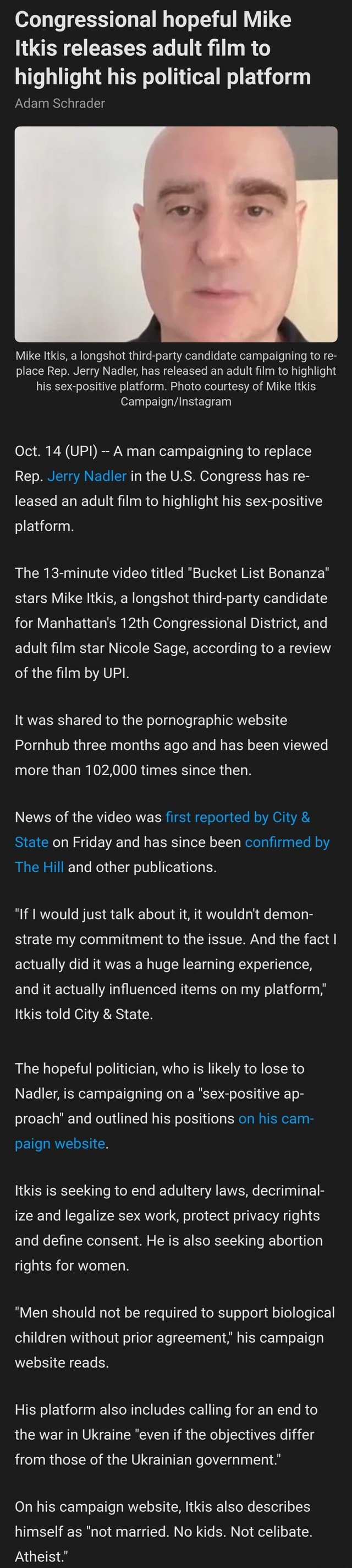 Congressional hopeful Mike Itkis releases adult film to highlight his political platform Adam ...