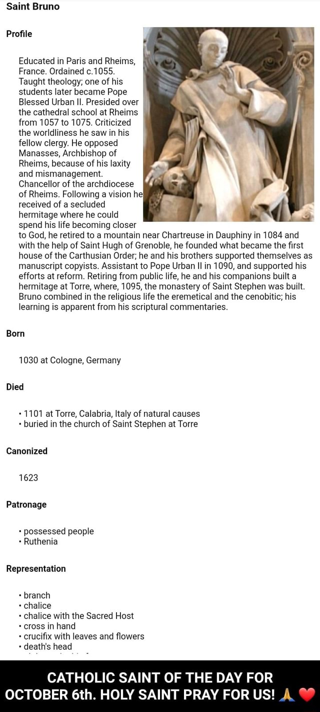 Saint Bruno Profile Educated in Paris and Rheims, France. Ordained c ...