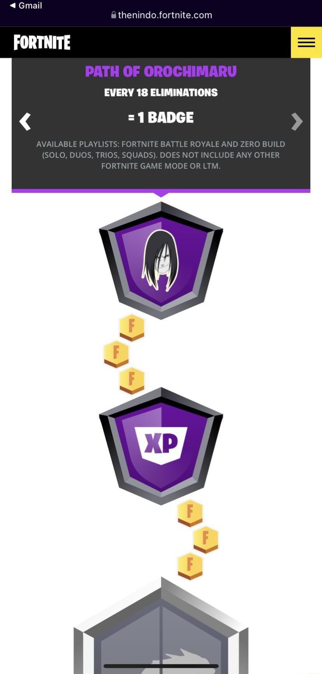 Gmail FORTNITE PATH OF OROCHIMARU EVERY 18 ELIMINATIONS =1 BADGE ...