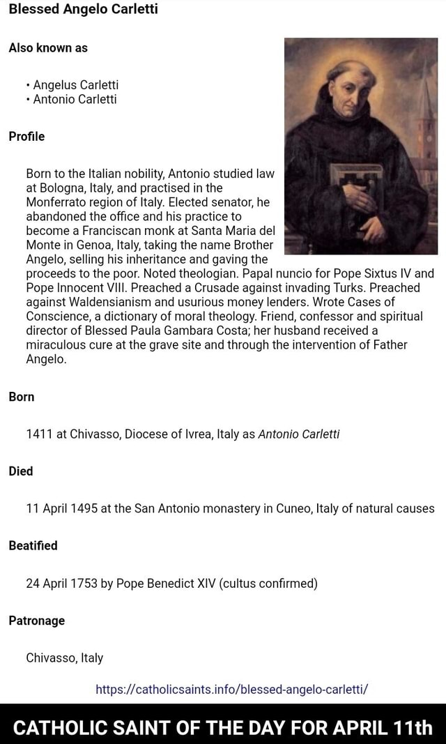 Blessed Angelo Carletti Also known as Angelus Carletti + Antonio ...