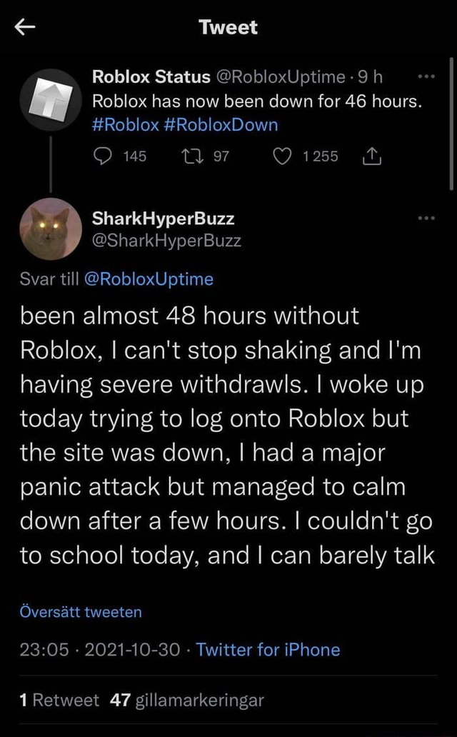 Tweet Roblox Status @RobloxUptime - Roblox has now been down for 46 ...