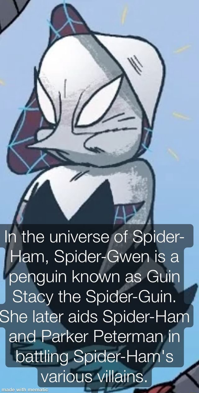In the universe of Spider- Ham, Spider-Gwen is a penguin Known as Guin ...