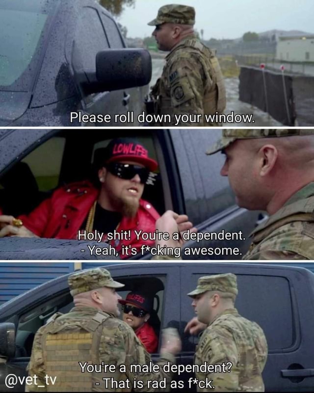 Please roll down your window. Holy snit! Youre a dependent. - Yeah, it ...
