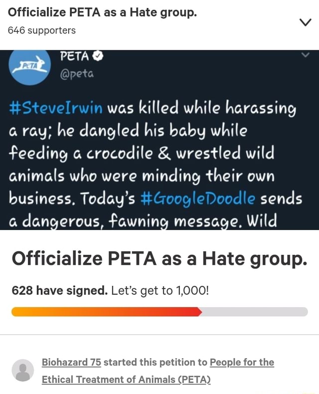 Officialize PETA as a Hate group. Officialize PETA as a Hate group. 628 ...