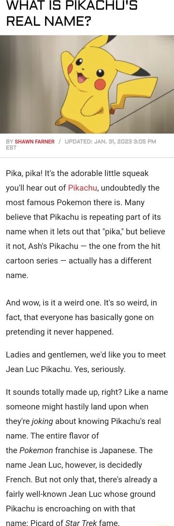 WHAT IS PIKACHU'S REAL NAME? BY SHAWN FARNER / UPDATED: JAN. 2023 PM ...