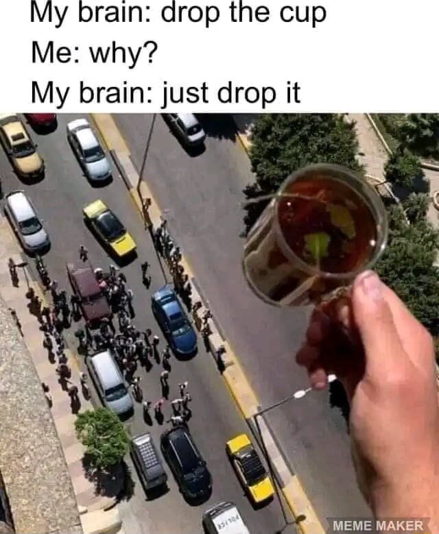 My brain: drop the cup Me: why? My brain: just drop it MEME MAKER - iFunny