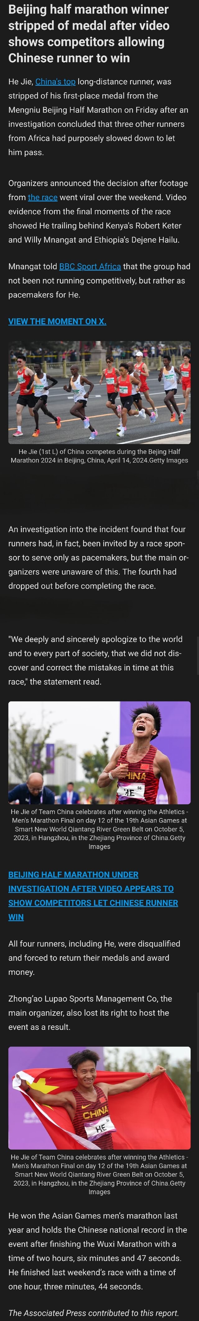 Beijing half marathon winner stripped of medal after video shows ...