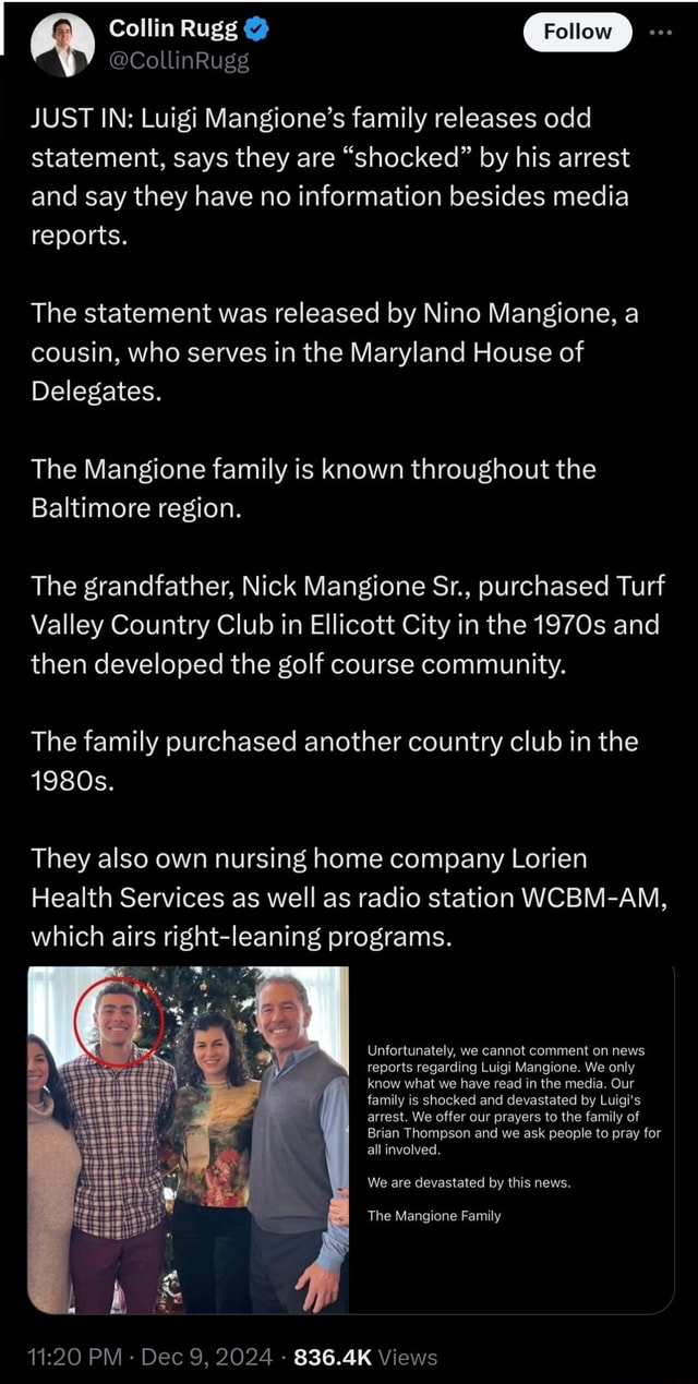 Collin Rugg @ @CollinRugg JUST IN: Luigi Mangione's family releases odd ...
