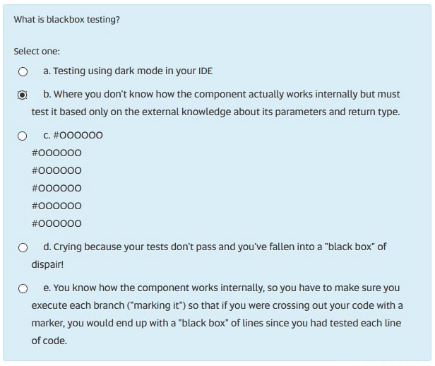 What is blackbox testing? Select one: avTesting using dark mode in your ...