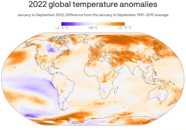 2022 global temperature anomalies January to September 2022; Difference ...