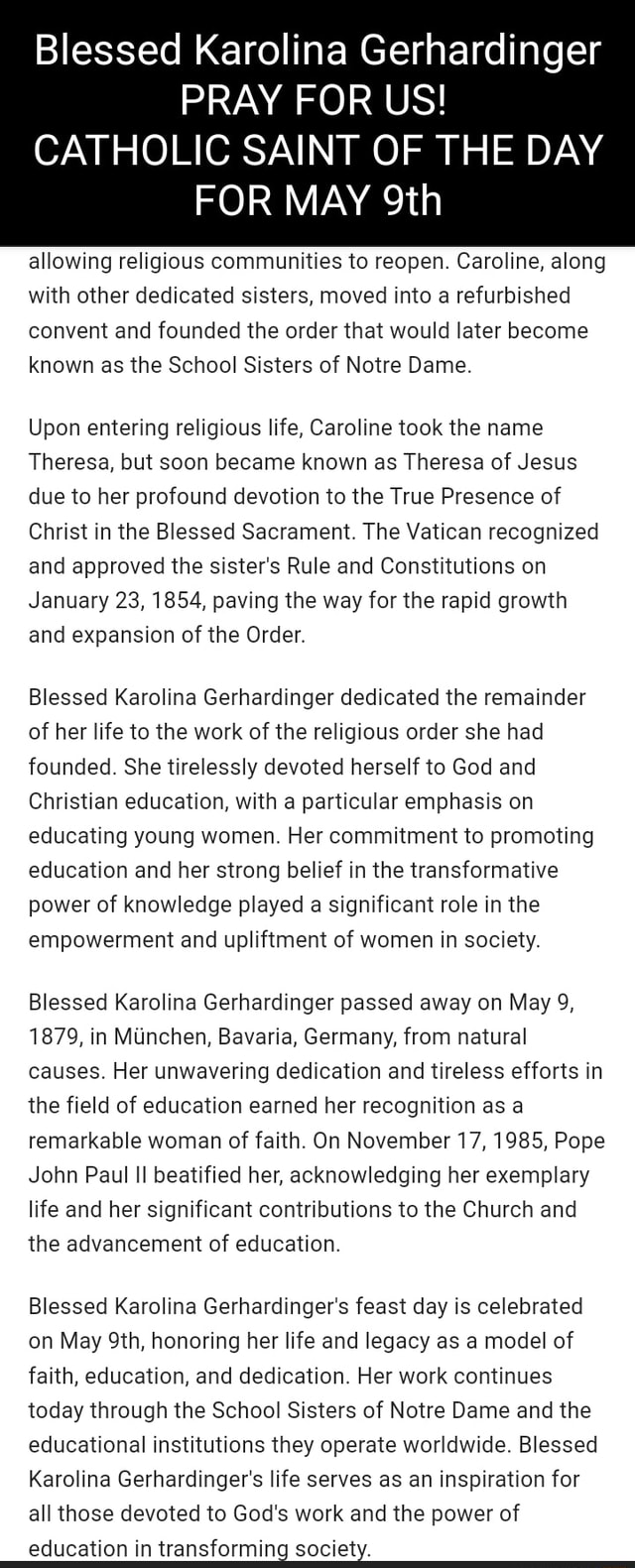 Blessed Karolina Gerhardinger PRAY FOR US! CATHOLIC SAINT OF THE DAY ...