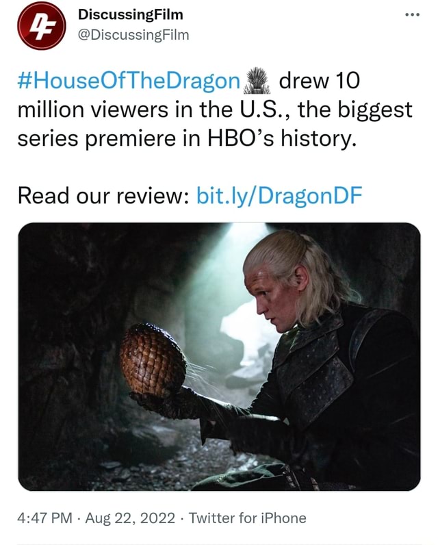 Discussing @DiscussingFilm #HouseOfTheDragon drew 10 million viewers in the U.S., the biggest ...