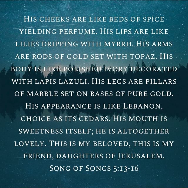 HIS CHEEKS ARE LIKE BEDS OF SPICE YIELDING PERFUME. HIS LIPS ARE LIKE ...