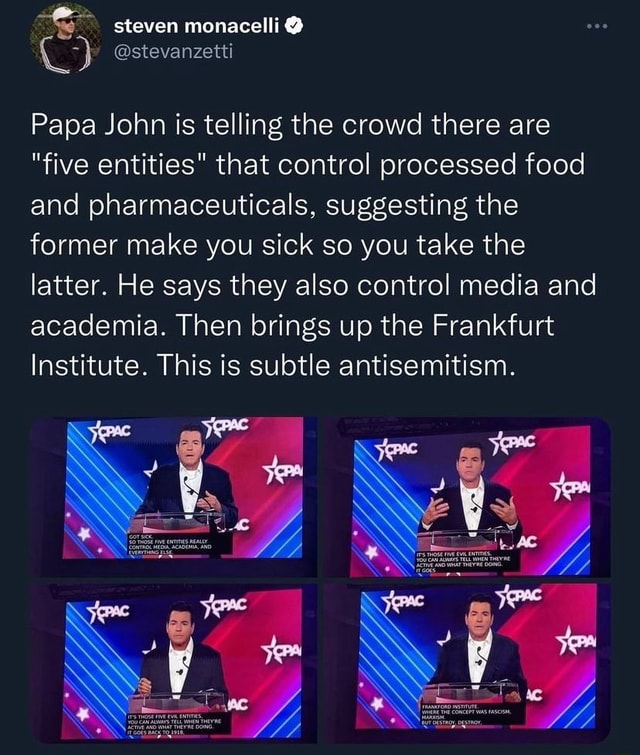 Steven monacelli @stevanzetti Papa John is telling the crowd there are "five entities" that ...