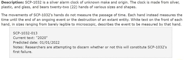 Description: SCP-1032 is a silver alarm clock of unknown make and ...
