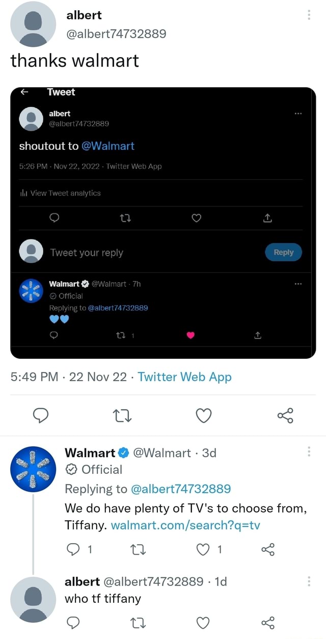 Albert @albert74732889 thanks walmart Tweet albert shoutout to @Walmart ...