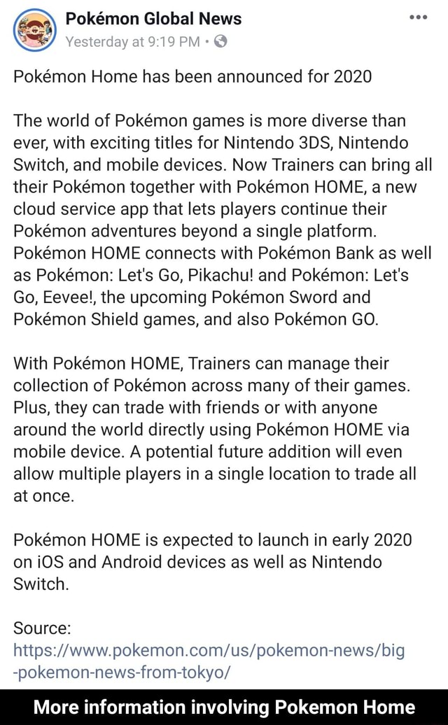 Pokémon Global News Pokémon Home has been announced for 2020 The world ...